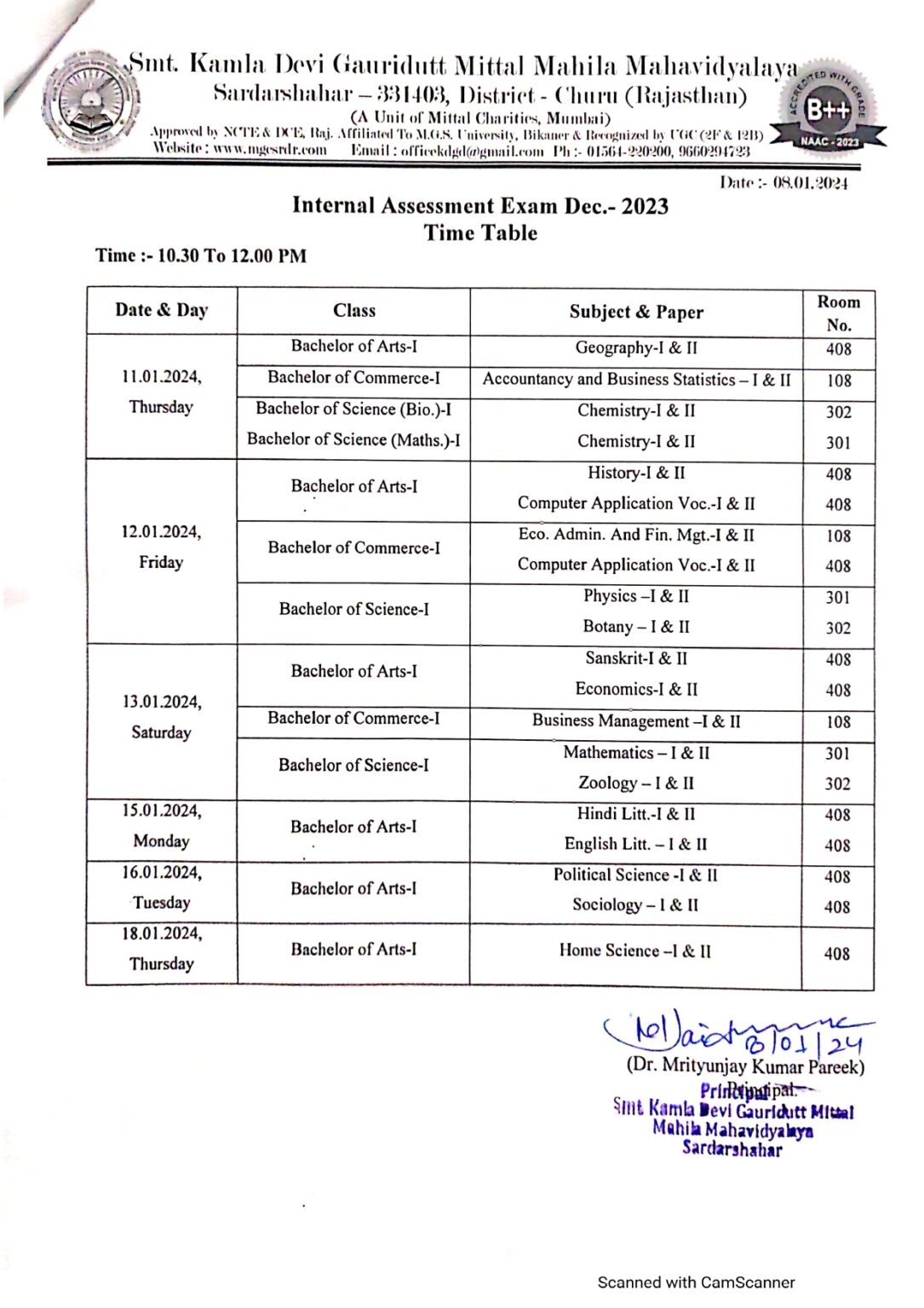 Internal Assessment Exam Time-Table – mgcsardar